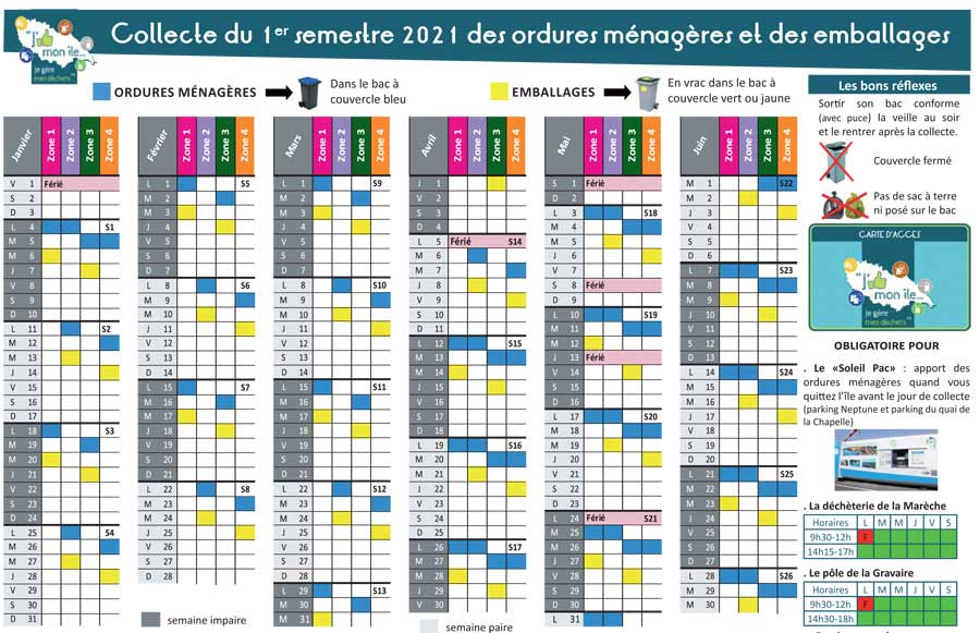 Jours de collecte 2021 des ordures ménagères sur l'Ile d'Yeu | Calendrier